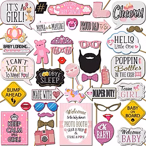 Girl Baby Shower Photo Booth Props - 41-pc Photobooth Kit with 8 x 10-Inch Sign, 60 Adhesive Pads, 45 Sticks - Baby Photo Booth Props Girl - Photo Props for Baby Shower