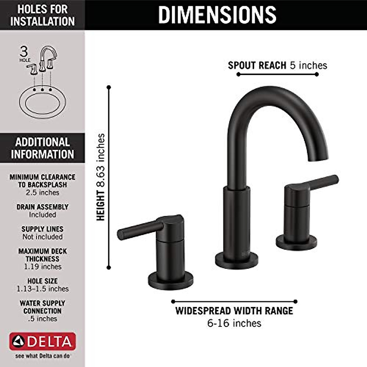 Delta Faucet Nicoli Widespread Bathroom Faucet 3 Hole, Matte Black Bathroom Faucet, Bathroom Sink Faucet, Drain Assembly, Matte Black 35749LF-BL