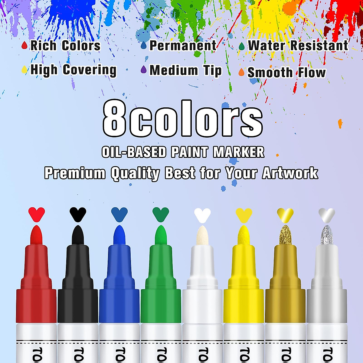 TOOMGGA Paint Pens Paint Markers - 8 Colors Permanent Oil Based Paint Pens, Quick Dry and Waterproof, Great for Rock Painting, Metal, Glass, Fabric, Plastic, Medium Point, 8-PP