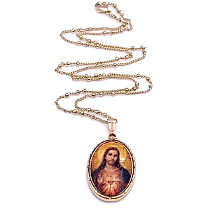 LESLIE BOULES Sacred Heart of Jesus Pendant Necklace for Women 18K Gold Plated Chain Religious Jewelry