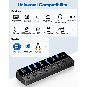 7-Port USB 3.0 Hub, Qeefun 3.0 Powered, USB Adapter USB Extender USB Port Expander USB hub for Laptop, PC, USB Flash Drives, and More ……