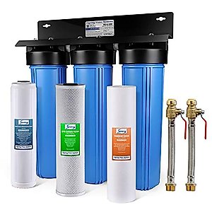 iSpring WGB32B-PB 3-Stage Whole House Water Filtration System (w/ 20” x 4.5” Fine Sediment, Carbon Block, and Lead Reducing Filters) w/ 3/4'' Push-Fit Stainless Steel Hose Connectors