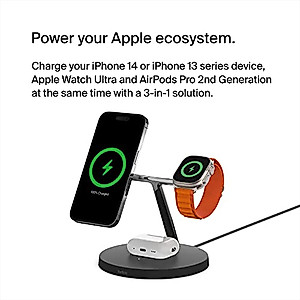 Belkin MagSafe 3-in-1 Wireless Charging Stand - 2ND GEN w/ 33% Faster Wireless Charging for Apple Watch - iPhone 14, 13 & 12 series & AirPods - MagSafe Charging Station For Multiple Devices - Black