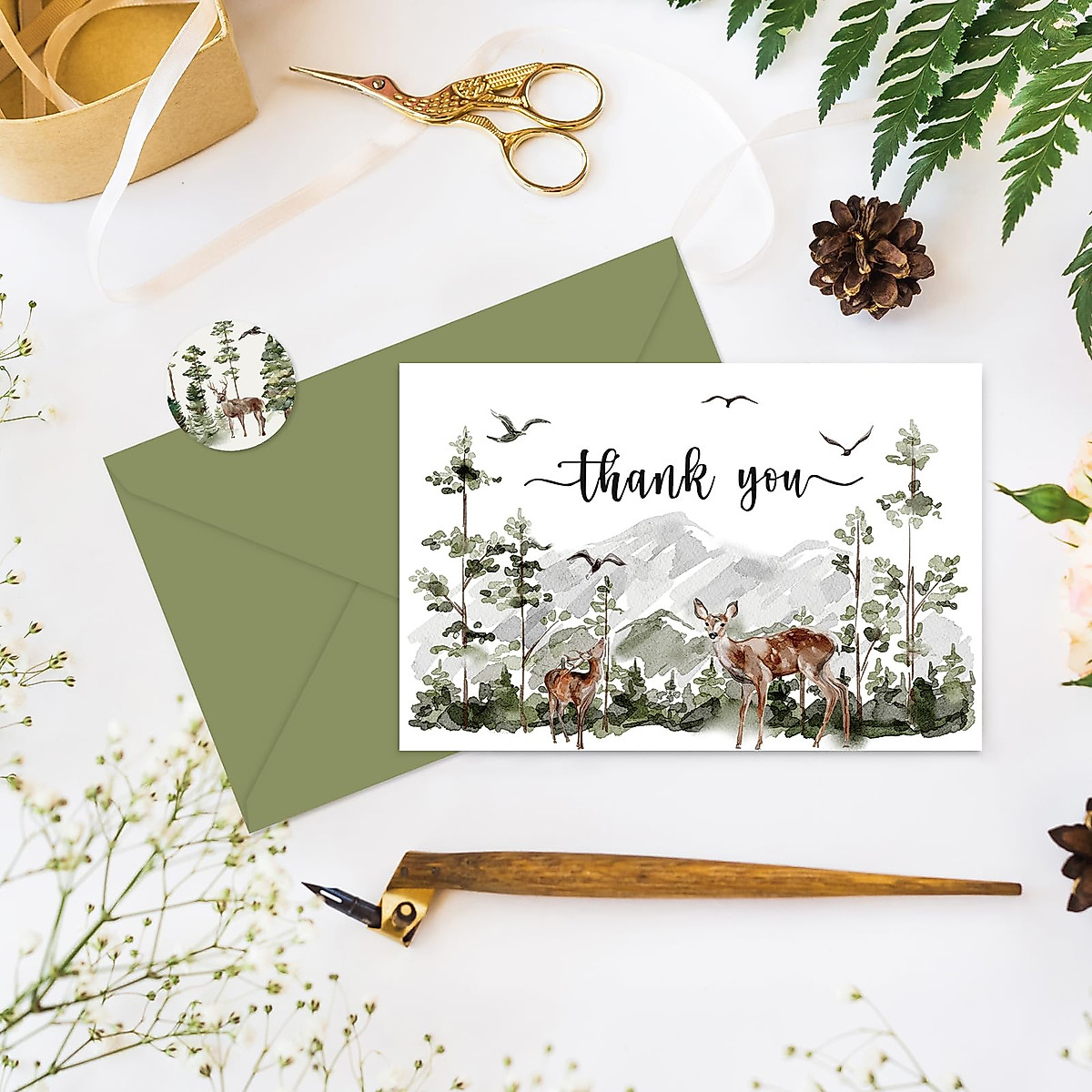 JarThenaAMCS 36 Pack Forest Thank You Cards Bulk Watercolor Woodland Elk Deer Thank You Blank Note Cards with Envelopes Stickers for Baby Shower Birthday Wedding