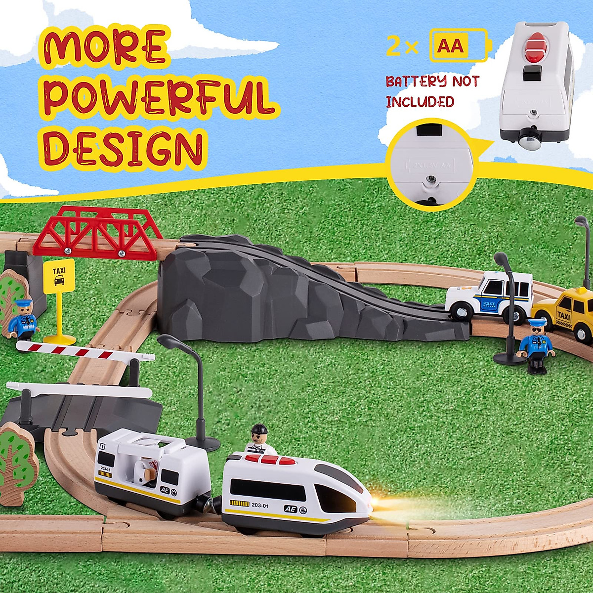 BRINJOY Battery Operated Train Set for Wooden Train Tracks, Powerful Engine Action Locomotive Train (Magnetic Connection) w/Sound for Boys & Girls, Bullet Toy Train Set for Toddlers Ages 3+, White