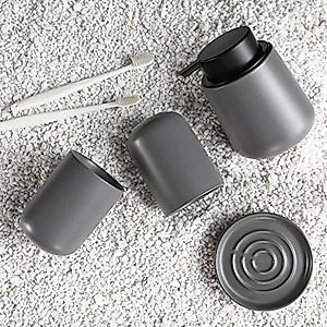 EVTHSU Ceramic Bathroom Accessory Set, 4 Pcs Bath Countertop Accessories Decor, Farmhouse Matte Hand Soap Dispenser Set with Liquid Pump Bottles, Tumbler, Soap Dish - Grey