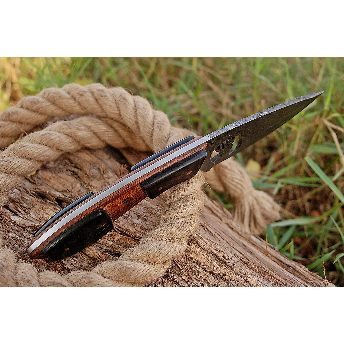 TMBrands Damascus Hunting Knife, Fixed Blade Knife & Camping Knife with Rose Wood & Buffalo Horn Handle & Knife Sheath