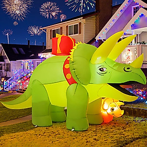 GOOSH 7.5 FT Length Christmas Inflatables Green Triceratops Dinosaur with Baby Dino, Blow Up Yard Decorations with Built-in LED Lights for Garden Lawn Outdoor Yard Xmas Winter Holiday