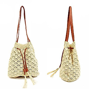 CLARA Women Summer Beach Bag Straw Weave Bucket Bag Drawstring Shoulder Bag Tote Bag Handbag Purse(Beige)
