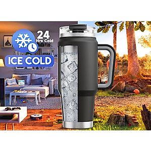 Meoky 32 oz Tumbler with Handle, Insulated Tumbler with Lid and Straw, Stainless Steel Travel Mug, Keeps Cold for 24 Hours, 100% Leak Proof, Fits in Car Cup Holder (Night)