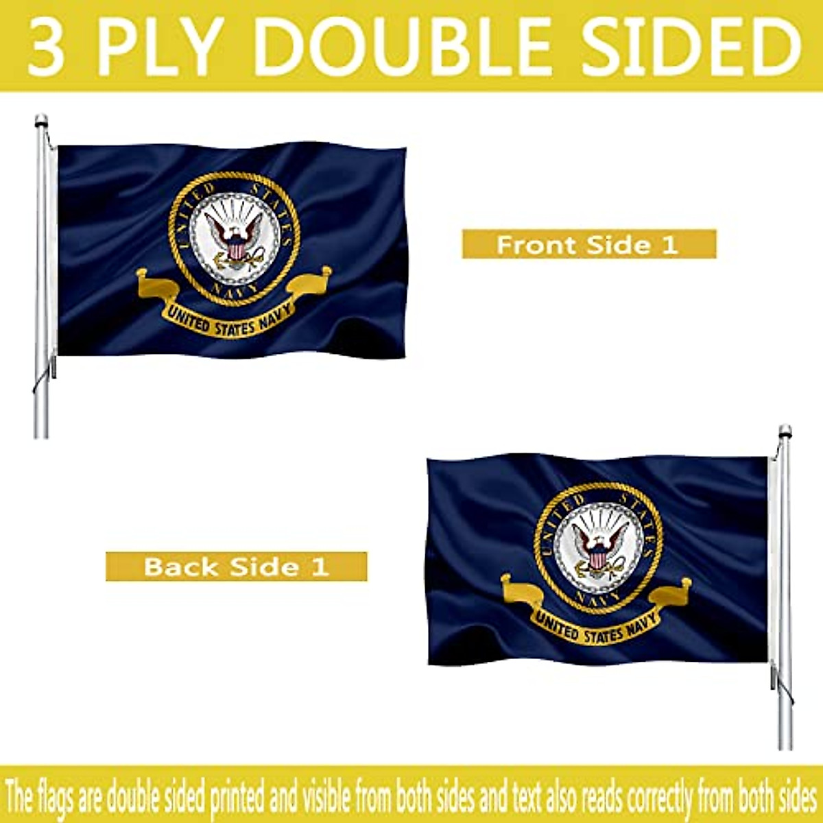 US Navy Emblem Flag Double Sided 3x5 Outdoor- Heavy Duty Navy Naval Military Flags -United State Navy Flags Banner with 2 Brass Grommets 4 Rows Stitched