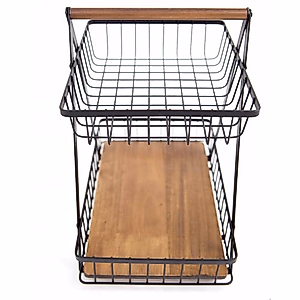 Emerson Ergonomics 2-Tier Large Fruit Basket || Wood Metal Bread Basket || Kitchen Countertop Fruit Bowl