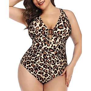 Yonique Women Plus Size One Piece Swimsuit Tummy Control Bathing Suits Lace up Plunge Swimwear Leopard 24W