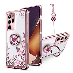 for Note 20 Ultra Case,Galaxy Note 20 Ultra Case for Women, Glitter Crystal Butterfly Heart Floral Slim TPU Bling Cute Girls Protective Cover with Ring Holder Stand+Strap for Note 20 Ultra(Rose Gold)