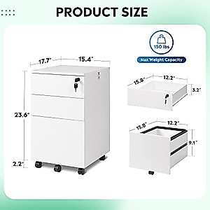 DEVAISE 3 Drawer Rolling File Cabinet with Lock, Wood Under Desk Filing Cabinet fits Letter/Legal/A4 Size for Home Office, White