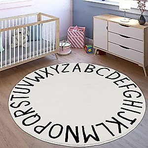 HEBE 4ft Round Kids ABC Rug Alphabet Nursery Rug for Bedroom Playroom Non Slip Educational Playmat Round Circle Carpet for Classroom Infant Toddlers,Milk White