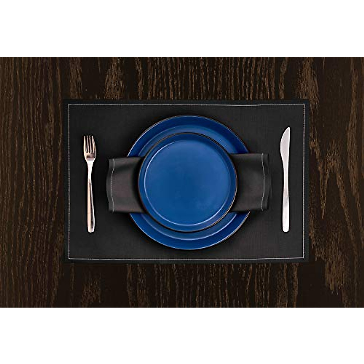 Stone Lain 16 Pieces Two-Tone Color Glaze without Rim Stoneware Round Dinnerware Set, Blue and Black