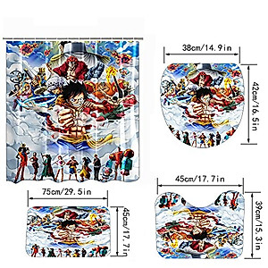 4 Piece Cool Anime Shower Curtain Sets with Non-Slip Rugs, Toilet Lid Cover, Bath Mat and 12 Hooks, Bathroom Decor Set Accessories Waterproof Shower Curtains