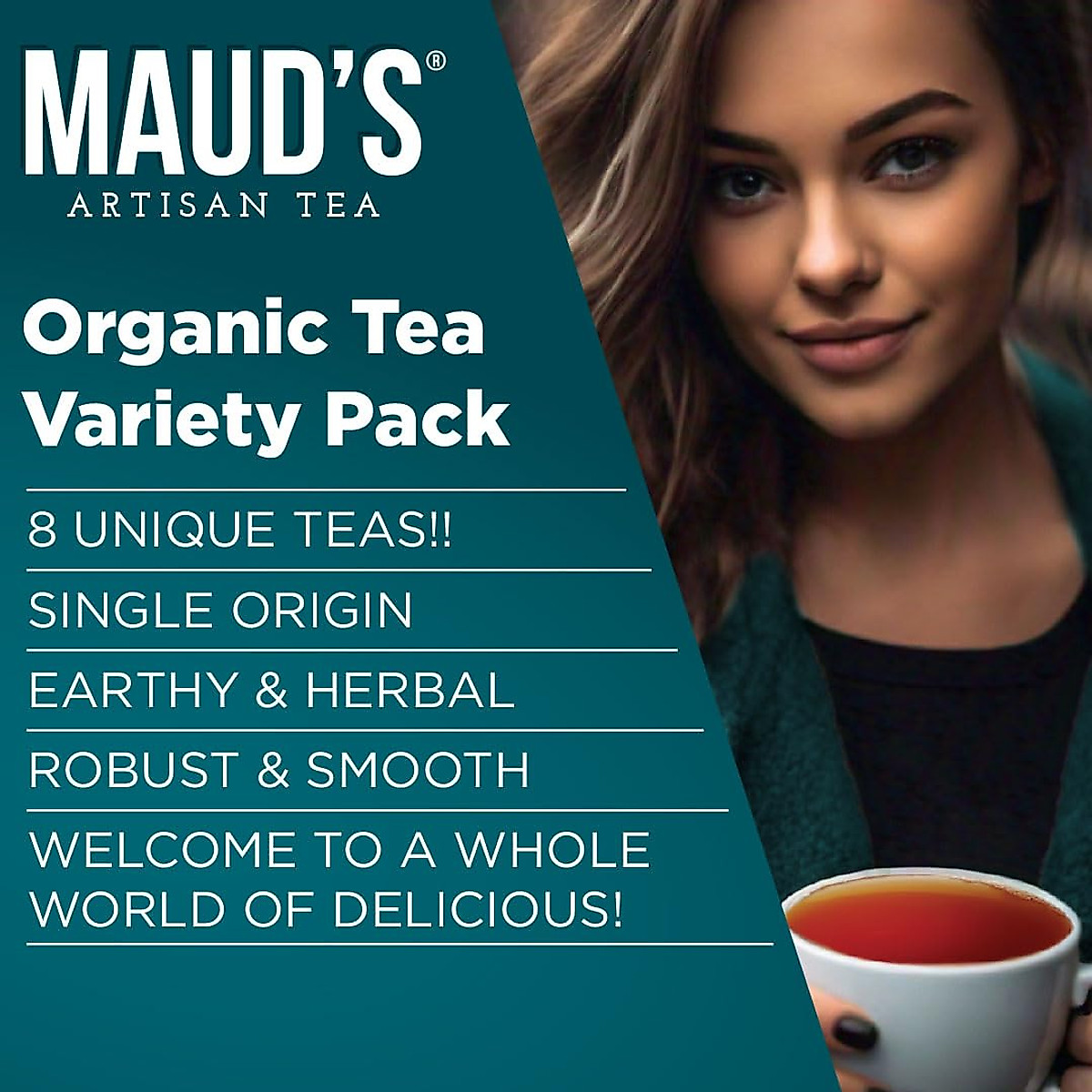 Maud's 8 Blend Organic Tea Pods Variety Pack, 48 ct, 8 Assorted Flavors, Recyclable Single Serve Tea Pods –100% Gourmet Blended Tea Leaves, Compatible with Keurig K Cups Maker