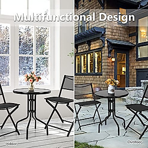 MIDDOW 3pcs Metal Bistro Chair Set, Round Coffee Table w/Folding Chairs Set, Outdoor/Indoor Patio Furniture Set w/Rust-Proof Steel Frame & Glass Tabletop, Ideal for Garden/Backyard/Balcony, Black