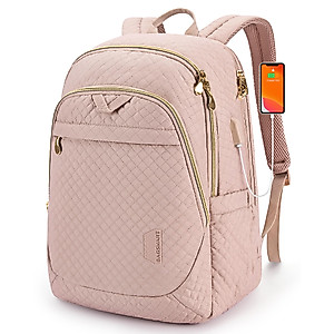 BAGSMART 15.6 Inch Pink Quilted Laptop Backpack for Women with USB Charging Port