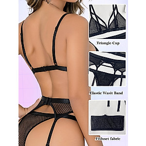 popiv Women's Sexy Lingerie Set with Garter Belt Matching Bra and Panty Lingeries Sets 4 Piece Black