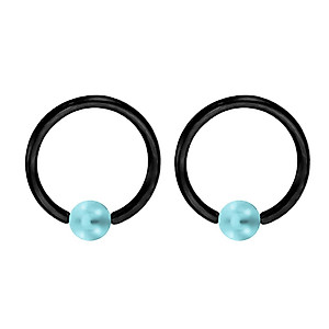 playful piercings Pair of Unique Custom Black & Lt Blue Captive Bead Ring Lip, Belly, Nipple, Cartilage, Tragus, Septum, Earring Hoop - 18g 1/2"