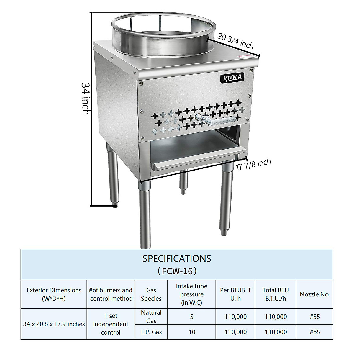 KITMA 16" Gas Wok Range - Commercial Liquid Propane Restaurant Equipment, 110,000 BTU