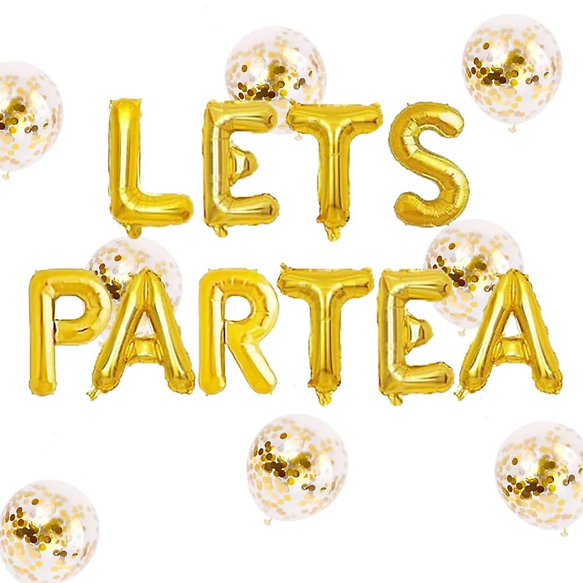 Gold Let's Par Tea Balloons, 16Inch Mylar Balloons For Par Tea Theme Party Decorations, Teapots Teacups Party Supplies