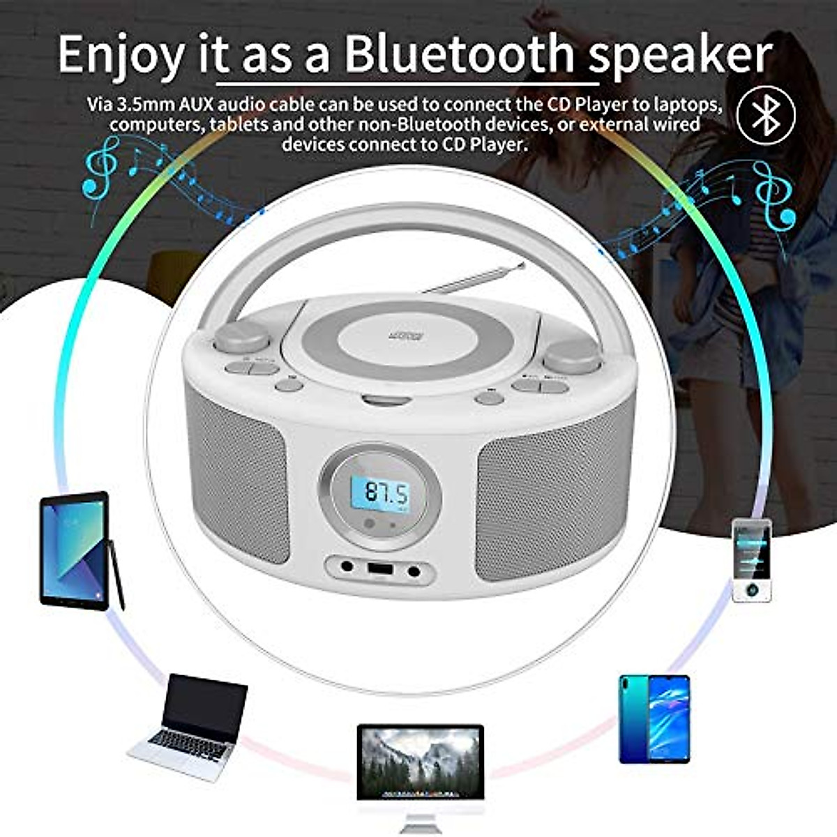 CD Radio Portable CD Player Boombox with Bluetooth,FM Radio, USB Input and 3.5mm AUX Headphone Jack,CD-R/CD-RW/MP3/WMA Playback,AC/Battery Powered(WTB-791)