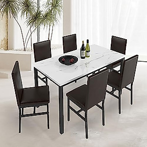 YOFE Dining Table Set for 6, Kitchen Table with 6 Chairs,Faux Marble Tabletop & 6 Leather Upholstered Chairs for Dining Room,Kitchen, Dinette, Breakfast Nook