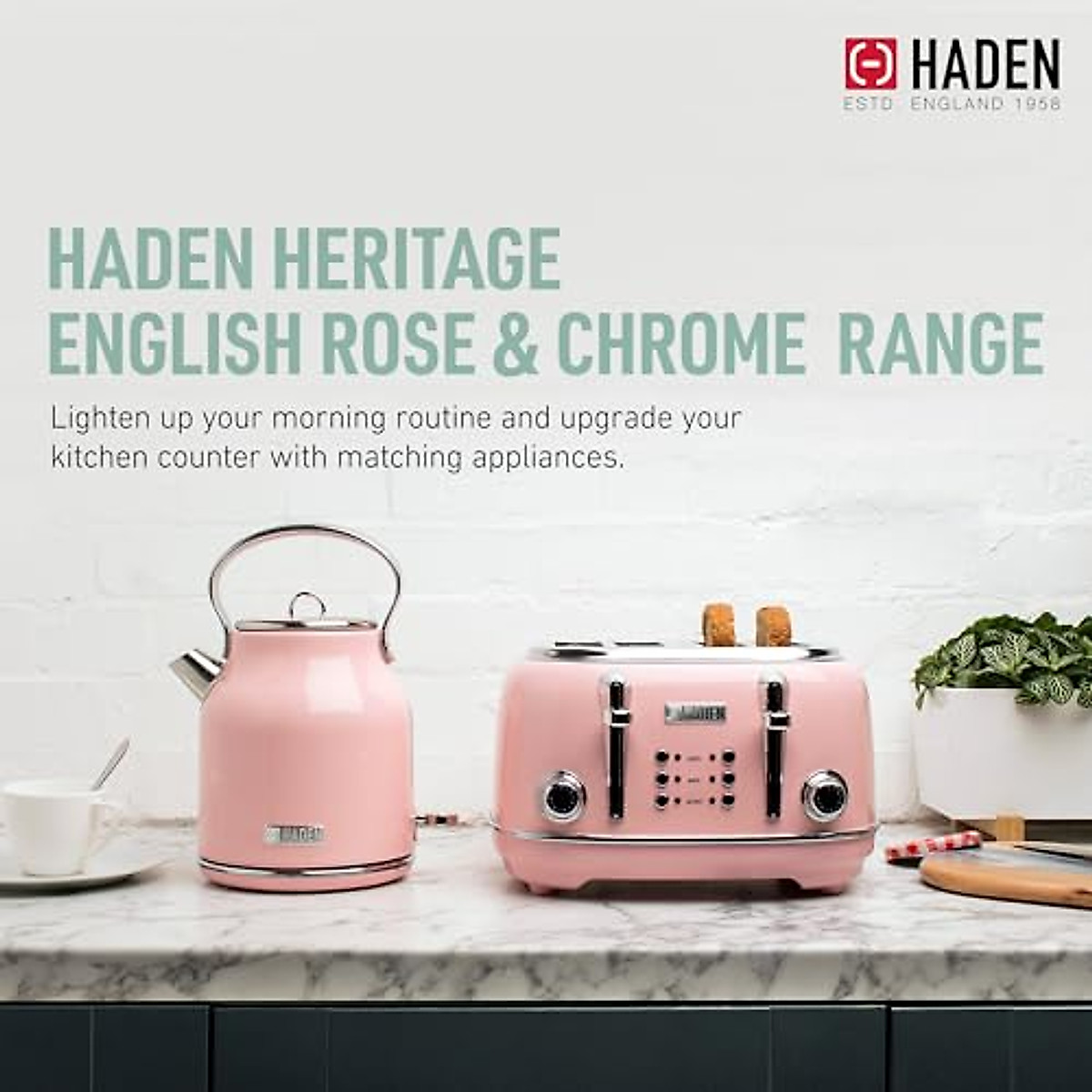 Haden Heritage 1.7 Liter Stainless Steel Electric Water Kettle Bundled with 4 Slice Wide Slot Stainless Steel Toaster, English Rose