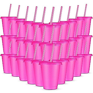 30 Pieces Reusable Cups with Lids and Straws 16 oz Glitter Iced Coffee Tumbler Plastic Travel Mug Cup for Smoothie Juices Parties Birthdays, Flamingo Party Bachelor Party(Hot Pink)