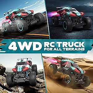 DEERC DE69 Remote Control Truck with Spray and Light, 5 LED Light Modes, Dual Motors Off Road RC Car, 4WD Rock Crawler, Spray Water Mist, 35+ Min Play, Toy Vehicle for Boys Girls and Adults