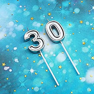 30th Birthday Candles Cake Numeral Candles Happy Birthday Cake Candles Topper Decoration for Birthday Anniversary Wedding Supplies Celebration (Silver)