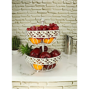 ROSYLINE 2 tier fruit basket, fruit bowl, multi-purpose kitchen and living room storage fruit and vegetable basket (White Brushed Bronze)