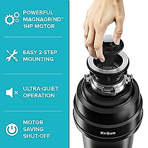 Kraus KWD100-100MBL WasteGuard 1 HP Continuous Feed Garbage Disposal with Ultra-Quiet Motor for Kitchen Sinks with Power Cord and Flange Included, 16 1/2 inch, Black