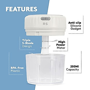 Real Simple Electric Mini Food Processor | Mini Chopper for Quick Food Prep Station, Portable Salad and Minced Onion | Portable USB Charging, 250 ML Food Container | White