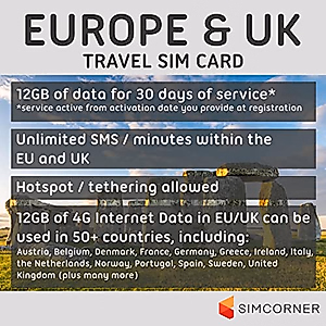 Europe UK Travel SIM Card (12 GB, 30 Days). Prepaid SIM Card w/Data & Unlimited SMS & Minutes to EU & UK Numbers. 3-in-1 Tethering/Hotspot Card. Standard, Micro, & Nano SIM Card for Unlocked Phones