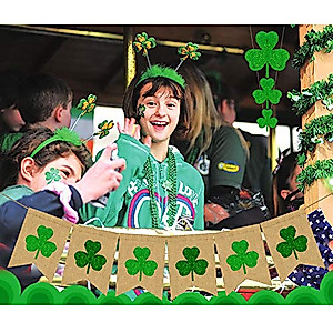 Glitter St Patricks Day Banner For Mantle - Shamrock Garland Banner, NO DIY Shamrock Decorations Rustic Clover Green Irish Garland Banner for Home Office Decor
