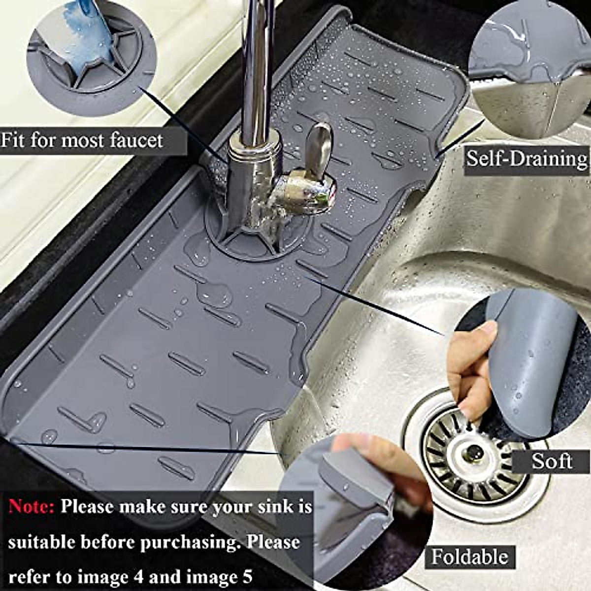 GBYAN Silicone Faucet Handle Drip Catcher Tray Kitchen Sink Splash Guard Countertop Protector Mat Water Draining Pads for Kitchen, Bathroom and RV Sink,Grey