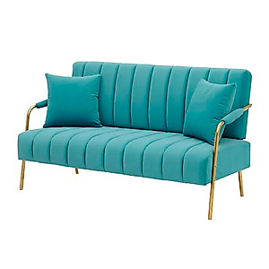 anwickjeff Velvet Loveseat Sofa with 2 Throw Pillows, Fabric Sofa with Metal Legs for Small Space Tufted Cushions Soft Sectional 2-Seat Couch for Living Room, Office, Apartment (Blue)