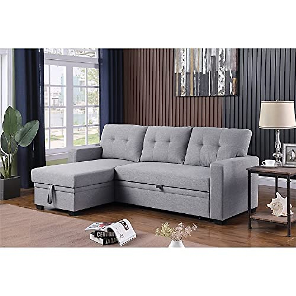 Devion Furniture Contemporary Reversible Sectional Sleeper Sectional Sofa with Storage Chaise in Light Gray Fabric