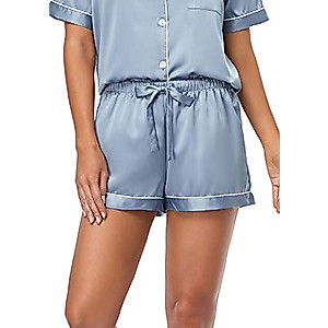 Serenedelicacy Women's Satin Pajama Set 2-Piece Sleepwear Loungewear Button Down Short Sleeve PJ Set (Medium, Dusty Blue)