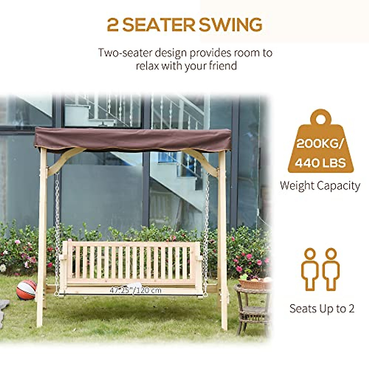 Outsunny Wooden Porch Swing Bench, 2-Seater Outdoor Swing Glider with Adjustable Canopy, Adjustable Hanging Chains, A-Frame, for Garden, Poolside, Backyard, Brown