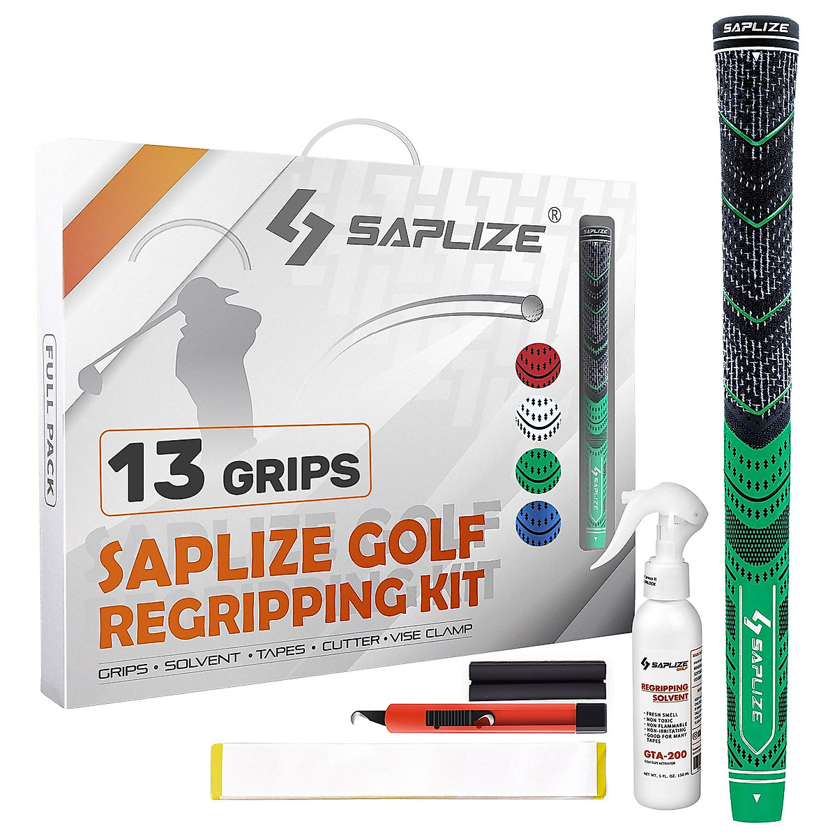 SAPLZIE Hybrid Rubber Golf Grips 13 Pack, All Weather Design, 13 Grips with All Kits, Multi-Compound Hybrid Golf Club Grips, CL04 Series, Standard Size, Green