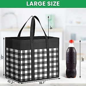 StorMiracle Reusable Grocery Bags 10-Pack, Large Foldable Reusable Shopping Tote Bags Bulk for Groceries, Waterproof Kitchen Cloth Produce Bags with Long Handles, Durable and Lightweight-Plaid Style A