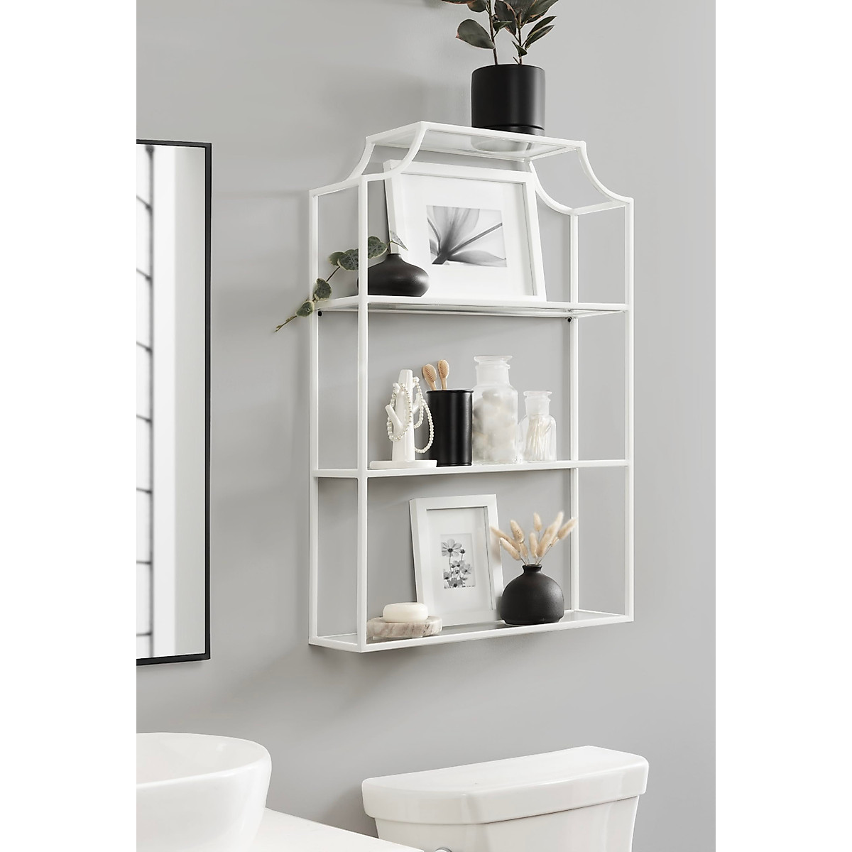 Kate and Laurel Ciel Three-Tiered Wall Shelf, 21 x 30, White, Decorative Floating Shelf Storage and Wall Organizer for Over Toilet Storage Bathroom Display