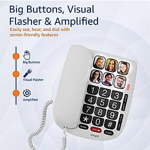 SMPL Hands-Free Dial Photo Memory Corded Phone, One-Touch Dialing, Large Buttons, Flashing Alerts, Durable, Perfect for Seniors, Alzheimer's, Dementia, Hearing Impaired