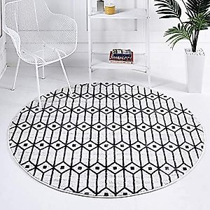 Rugs.com Lattice Trellis Collection Rug – 8 Ft Round White Low-Pile Rug Perfect for Kitchens, Dining Rooms